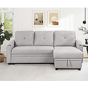 UBGO Modular, L-Shaped Living Room Furniture Sets,Pull Modern Padded Upholstered Sofa Bed, Linen Fabric 3 Seater Storage Chaise and Cup Holder, Couch for Small Spaces,Gray