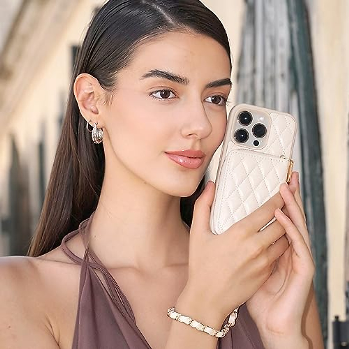 LAMEEKU iPhone 14 Pro Max Wallet Case with Card Holder & Crossbody Chain, RFID Shockproof, 6.7 Inch - Beige