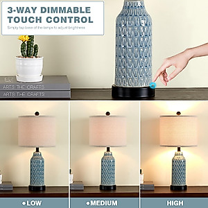 Cinkeda Ceramic Table Lamps for Bedroom Set of 2,Touch Lamp with USB Ports for Nightstand, 3-Way Dimmable Blue Coastal Bedside Lamps for Bedroom Living Room End Table Side Table(Bulbs Included)