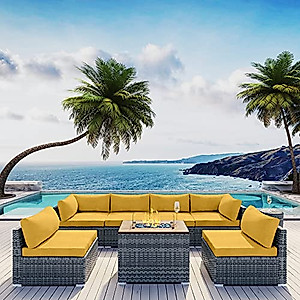 MODENZI Outdoor Sectional Patio Furniture Set with Propane Fire Pit Table Grey Resin Wicker Phoenix Collection Sofa Set (Yellow with Ice Bucket)