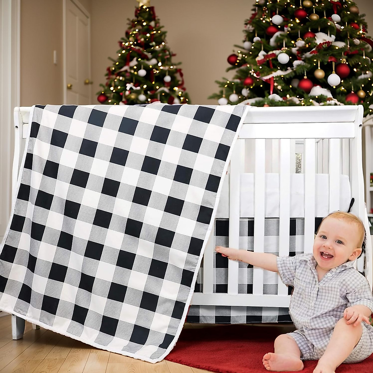 Brandream White Black Nursery Bedding Buffalo Plaid Neutral Baby Bedding 3 Piece Patchwork Blanket Set, Fitted Sheet, Crib Skirt