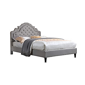 HomeLife Premiere Classics 51" Tall Platform Bed with Cloth Headboard and Slats - Queen (Light Grey Silver)