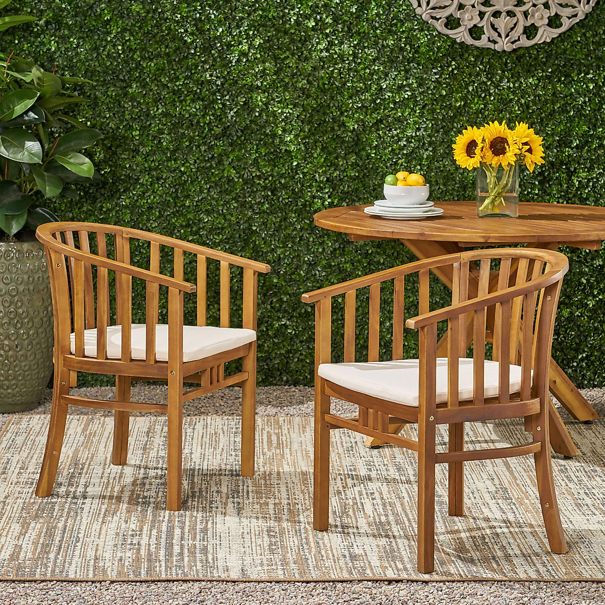 GDFStudio Outdoor Wooden Dining Chairs with Cushions (Set of 2), Cream and Finish