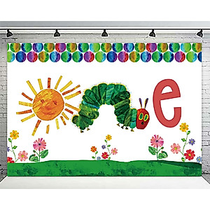 Cartoon Very Hungry Little Green Caterpillar Happy Birthday Banner Backdrop Photo Studio Booth Props Insects Theme Decor for Baby Shower 1st Birthday Party Background Supplies Favors Decorations