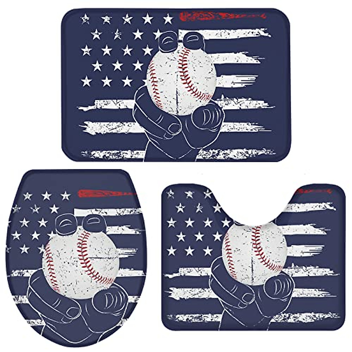 Baseball Bathroom Rugs Sets 3 Piece, Anti-Slip Absorbent Shower Rugs with U-Shaped Contour Toilet Mat, Soft & Dry Mats Carpets for Home Decor, Hand Holding Baseball on Blue Flag Background