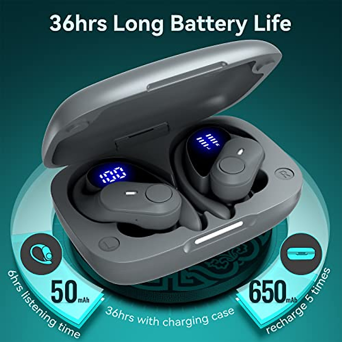 GOLREX Ear Buds Bluetooth Headphones Wireless Earbuds 36Hrs Playback Wireless Charging Case Digital Display Over-Ear Earphones with Earhook Waterproof Headset with Mic for Sport Running Workout Grey