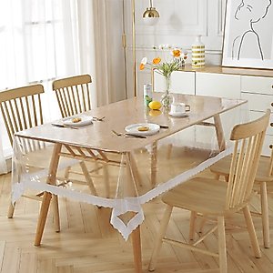 meioro Clear PE Tablecloths Protector Waterproof/Oil-Proof Table Cover Plastic Table Pads Rectangle Transparent Tablcloth Suitable for Indoor and Outdoor (Transparent -Lace, 59 x 59 Inch)