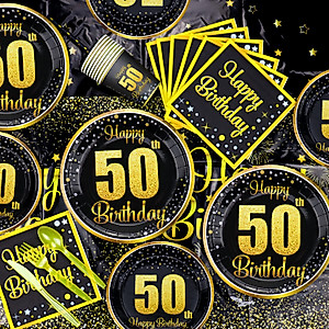 50th Birthday Decorations - Black and Gold Party Decorations, Black Gold Balloons, Banner, Plates, Napkins, Cups, Tablecloth, Birthday Party Supplies for Women and Men, Serve 20