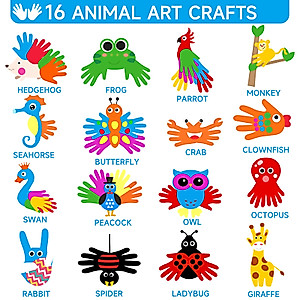 HAPMARS Handprint Art Craft Kits for Kids,16 Pack Easy Animal Cutout Craft for Toddler Age 3, 4, 5,DIY Fun Hand Print Paper Crafting,Creative Toys Preschool Classroom Activity Project for Boys & Girls