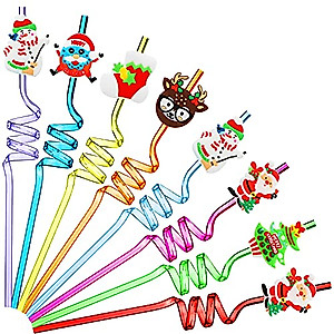 24 Pieces Christmas Drinking Straws with Cartoon Decorations, Christmas Drinking Plastic Straws Reusable, Christmas Party Swirly Straws Beverages Straws for Christmas Birthday Party Favors, 6 Styles