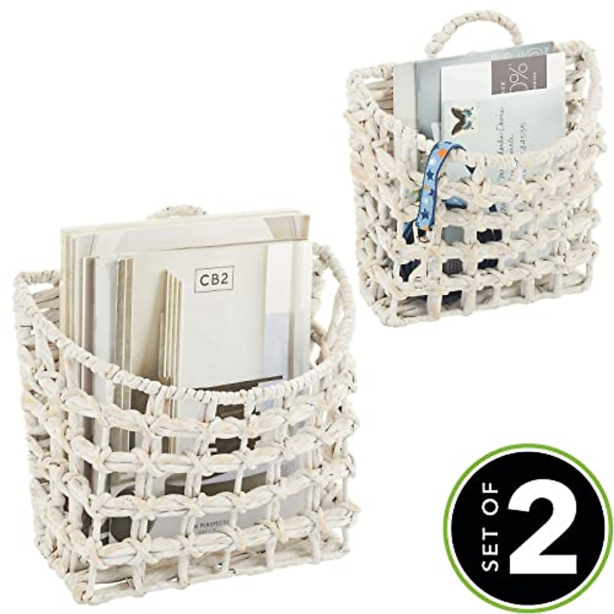 mDesign Woven Hyacinth Hanging Wall Mount Storage Organizer Basket - Rustic Hangable Mounted Market Baskets for Kitchen, Bathroom, Shelf - Holds Floral, Food, and Mail - Set of 2 - White Wash