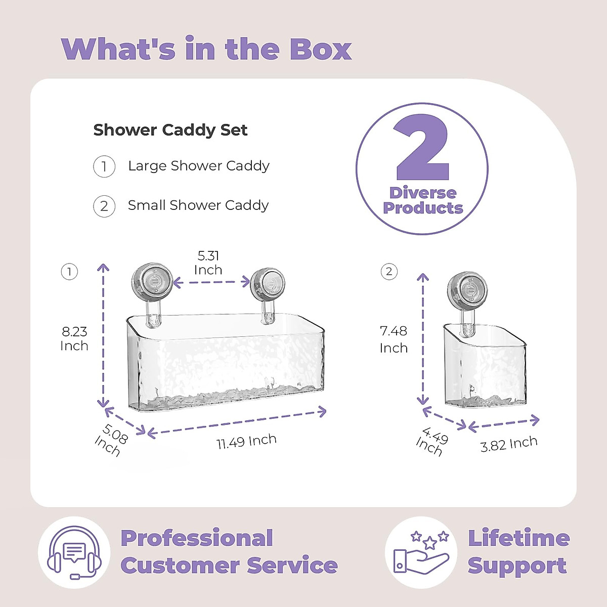 KatiKaddy Suction Cup Shower Caddy 2-Pack Set, No-Drilling New Home Decor Essentials, Large&Small Shower Organizer Shelf, Rustproof Sturdy Accessories Storage Rack, For Apartment Wall Bathroom Dorm RV