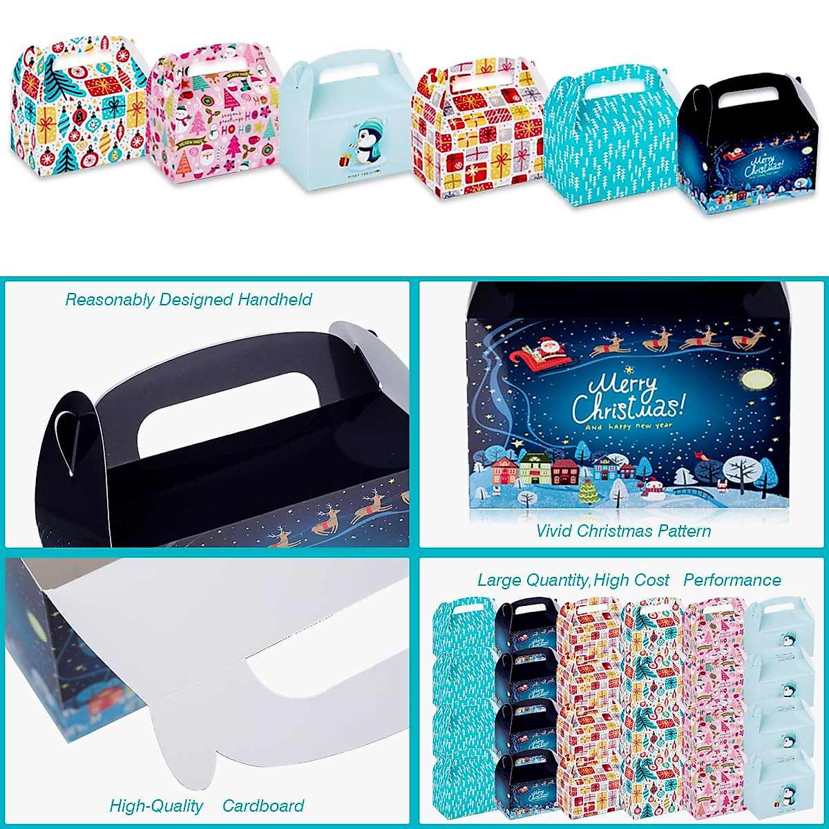ARTLYMERS 24 Pack Christmas Treat Boxes, Candy Boxes Party Favor Christmas Cookie Dessert Goody Boxes with Handle for Christmas Gift Giving, 6 Patterns