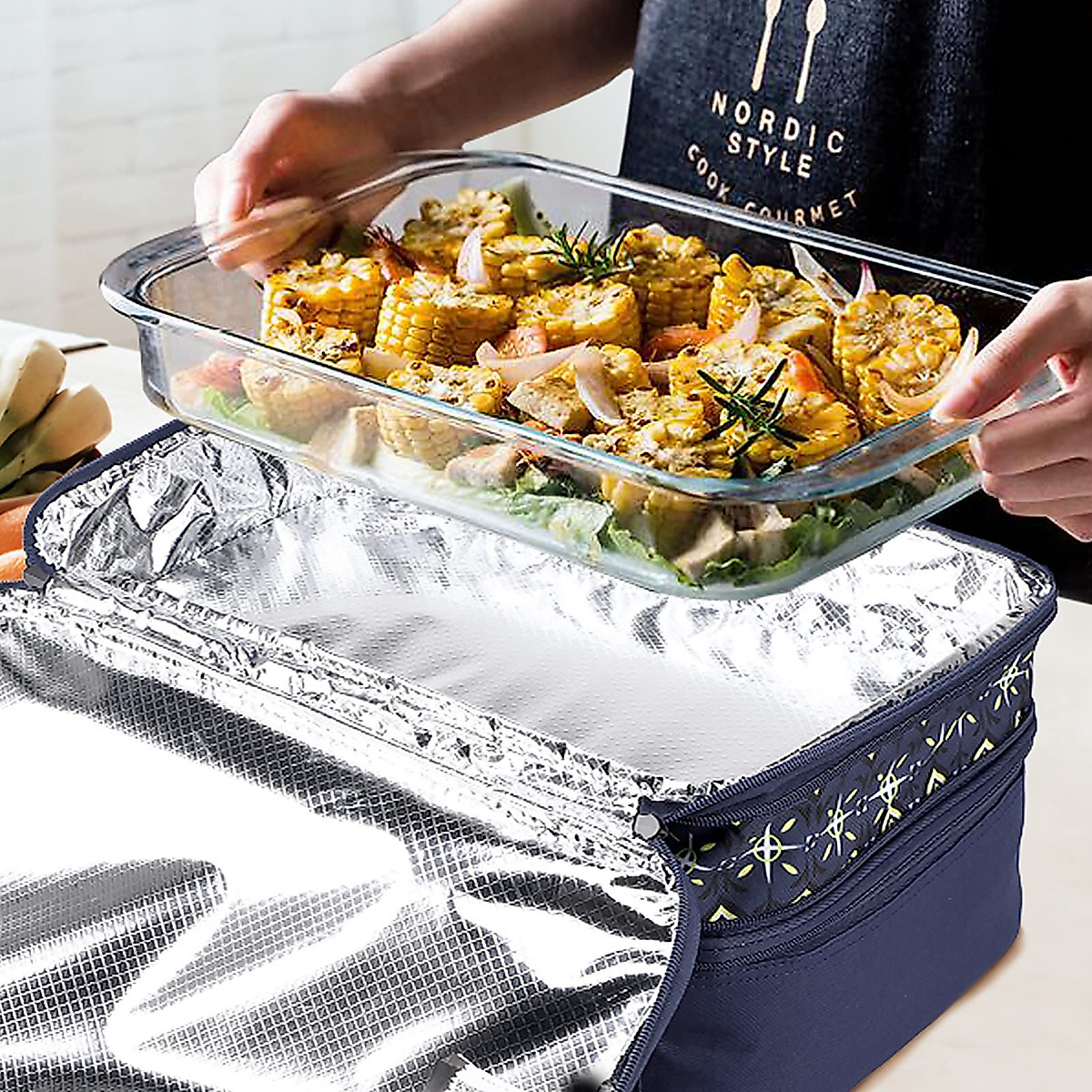 MIER Insulated Double Casserole Carrier Bag for Lasagna Lugger, Potluck Parties, Picnic, Beach, Fits 9 x 13 Inches Baking Dish, Casserole Dish, Expandable, Dark Blue