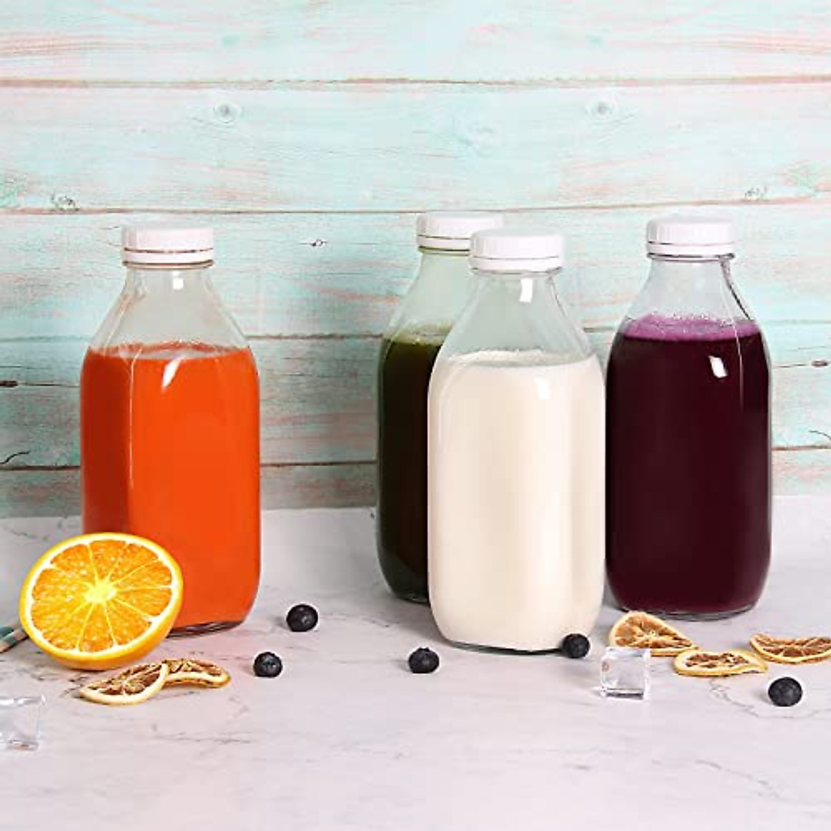 YEBODA 32oz Glass Milk Bottle with Plastic Tamper-proof Caps (4 Pack) Vintage Reusable Dairy Drinking Containers, Glass Bottles for Milk, Juice,Yogurt, Smoothies, Tomato Sauce, Jam, Syrup