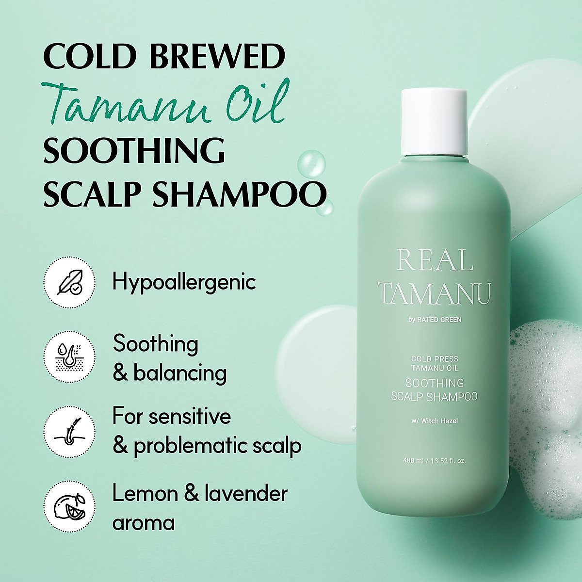RATED GREEN REAL TAMANU Soothing Shampoo | Scalp Relief & Nourishing for Troubled, Itchy & Dry Scalp | Organic Cold Pressed Tamanu Oil Shampoo (13.52 Fl Oz)