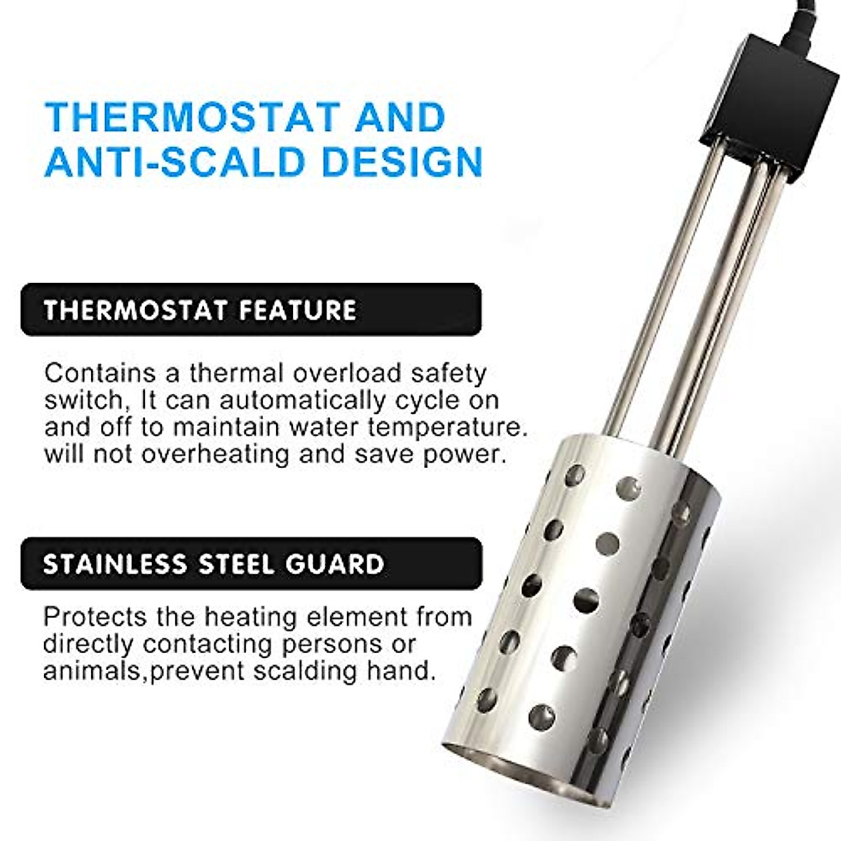 GESAIL 1000W Electric Immersion Heater, Bucket Water Heater with 304 Stainless-Steel Guard, Submersible Bucket Heater with Thermostat and Auto Shutoff, Heats 5 Gallons Water in Minutes