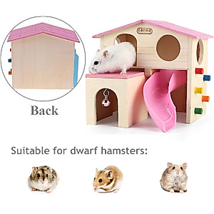 kathson Pet Small Animal Hideout Hamster House with Funny Climbing Ladder Slide Wooden Hut Play Toys Chews for Small Animals Like Dwarf Hamster and Mouse(Pink)