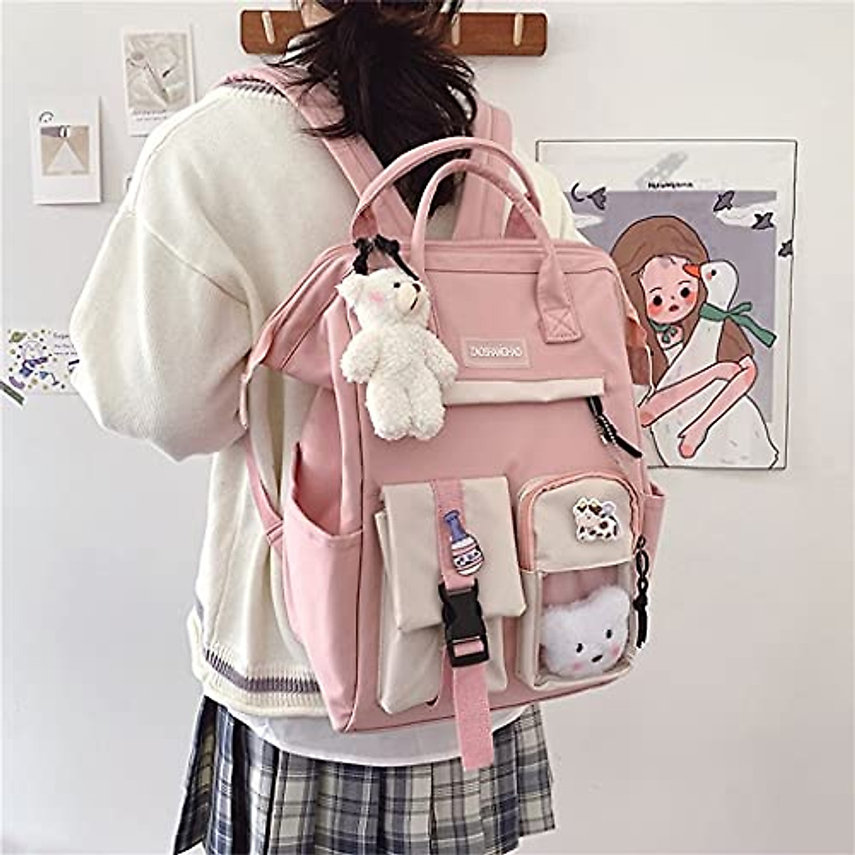CM C&M WODRO Kawaii Backpack for Girls Women with Pin Bear Accessories Cute College High School Backpack Laptop Bookbag Pink