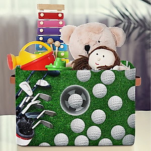 OMFUNS Golf Ball Storage Basket, Sport Golf Ball Foldable Storage Bin with Handle Fabric Rectangular Storage Box Organizer for Closet Shelf Home Office Nursery Toy Basket, 1 Pack