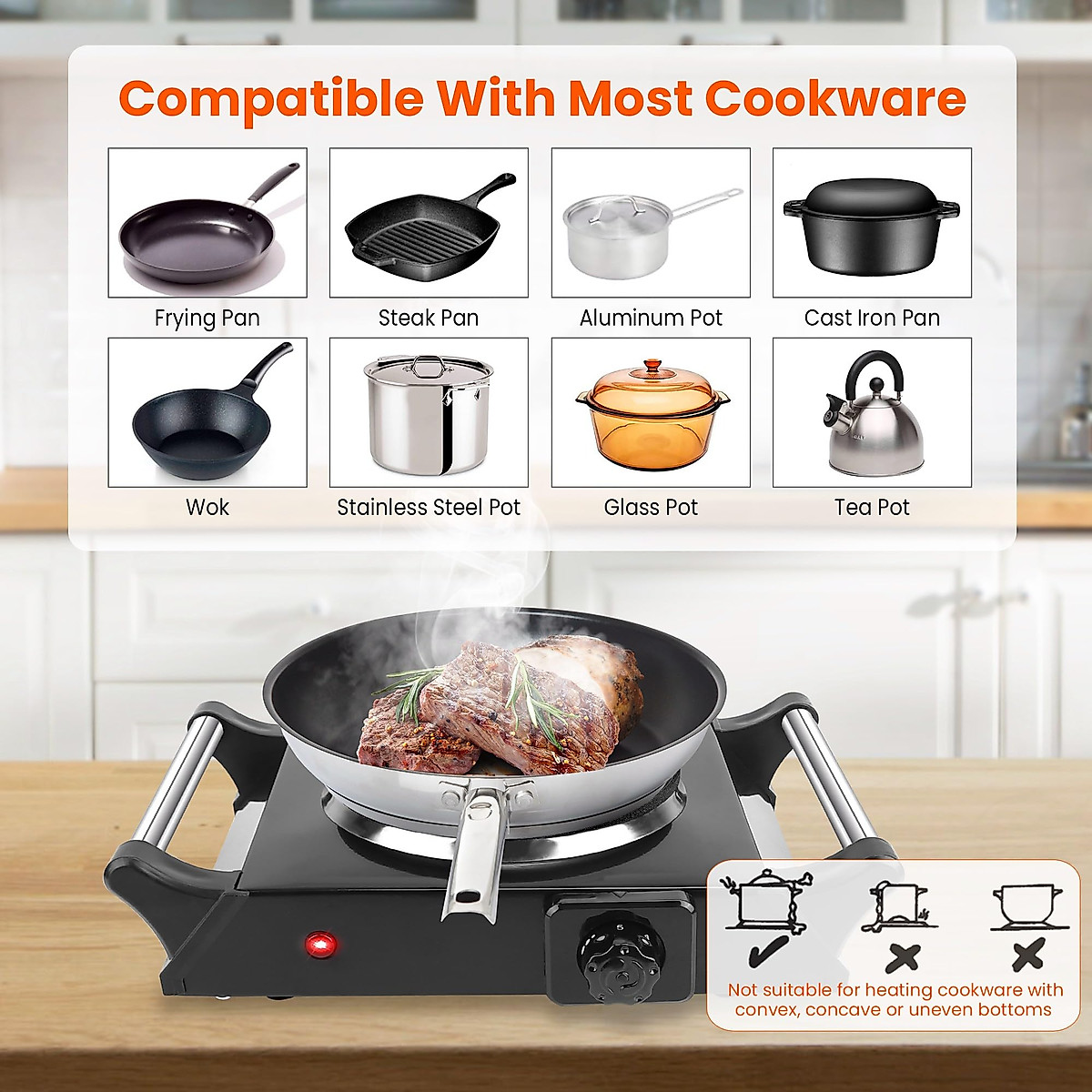 Moclever Hot Plate Portable Electric Stove Countertop Single Burner with 5 Temperature Adjustments & Stay Cool Handles, 1000W Electric Cooktop for RV/Home/Camp, Compatible for All Cookwares