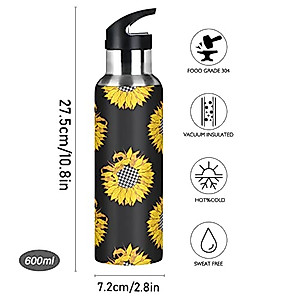 Oarencol Buffalo Sunflower Water Bottle Plaid Floral Stainless Steel Vacuum Insulated Thermos with Straw Lid 20 Oz