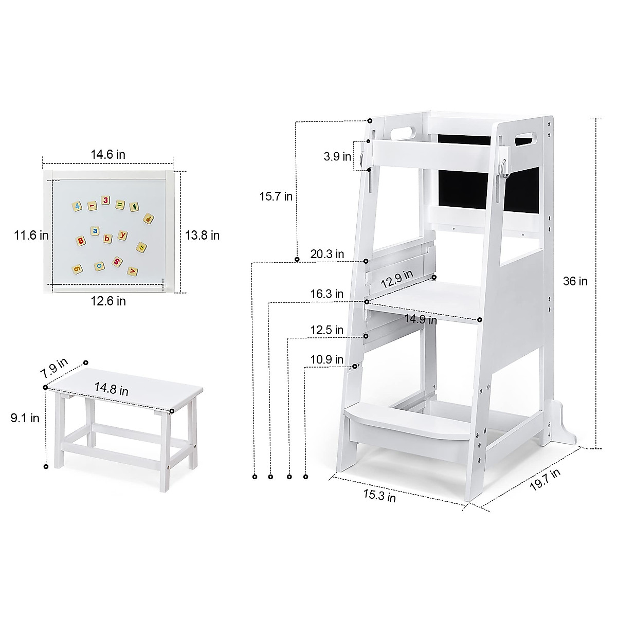 TOETOL Bamboo Toddler Step Stool White Kitchen Counter Learning Helper Standing Tower Ktchen Stool for Toddler 3 Height Adjustable with Chalkboard Message Boards, Small Step Stool, Non-Slip Mat