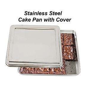 Home-X Stainless-Steel Cake Pan with Lid, Rectangular Cake Pan With Lid, Baking Tray for Cakes, Oven-Safe Pan, Large Metal Baking Pan, 13" L x 11" W x 2 ½” D, Stainless Steel