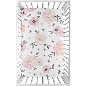 Sweet Jojo Designs Pink and Grey Baby Girl Fitted Mini Portable Crib Sheet Watercolor Floral Collection - for Mini Crib or Pack and Play ONLY