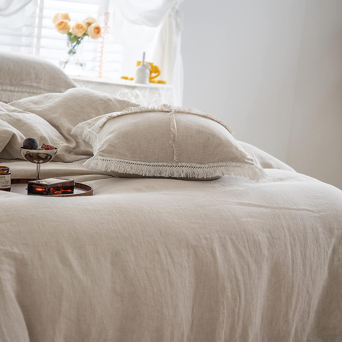 Simple&Opulence 100% Linen Boho Duvet Cover,3pcs Bohemian Textured Collection Bedding Set for All Seasons,French Country Comforter Cover Set with Pillow Shams (Queen, Tassel-White)