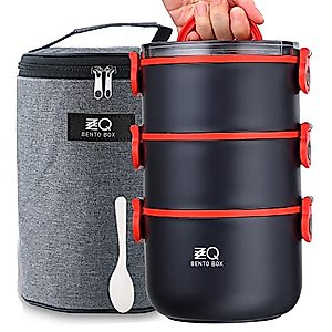 ZZQ Bento Box Adult Lunch Box with Bag/Utensil, Stackable Large 81-oz Salad Bowl - Microwave Safe/Leak-Proof Bpa Free Lunch Containers for On-the-Go Balanced Eating - Black