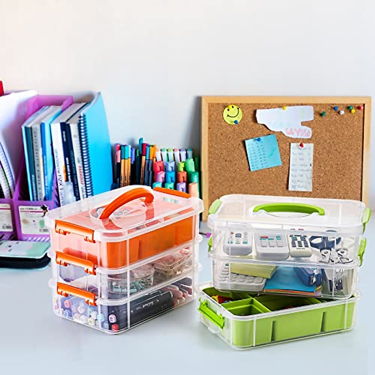 Yesland 3 Layer Stack & Carry Box Set of 2, Small Plastic Dividing Storage Box with Removable Tray Arts and Crafts Organizer Storage Container Portable Sewing Box for Sewing, Green and Orange