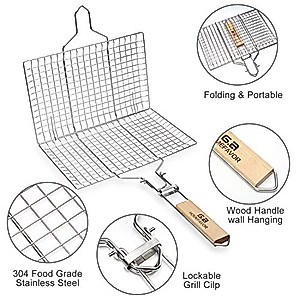 G.a HOMEFAVOR BBQ Fish Grill Basket Food Grade 18/8 304 Stainless Steel, Folding Portable Oak Handle, for Grilling Fish Vegetables Shrimp Meat Steak (Silicone Brush+Pouch+3x12inch Skewers)