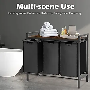 Whoonba Large Laundry Hamper Sorter with 3 Removable & Pull-Out Sorting Bags, Wooden Top Shelf, Versatile Laundry Basket Organizer for Laundry Room, Bathroom, Dorm, 8 * 3 Gal, Black