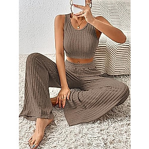 ZAFUL Women Two Piece Pajamas Set Solid Ribbed Knit Crop Tank Top Wide Leg Pants Loungewear Set