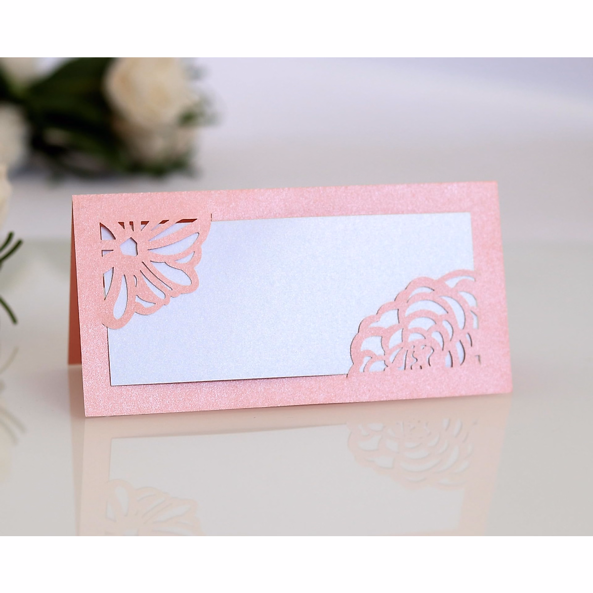 Laser Cut Rose Place Cards Pink Tented Name Card Folded Cards Blank Cardstock,Hollow Name Seat Card for Wedding, Banquet tables,Table Setting, Buffet, Baby Shower, Bridal Shower (50 Pcs)
