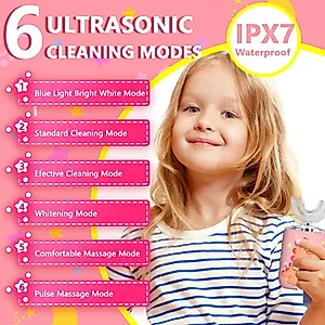 Kids Electric Toothbrush U Shaped Ultrasonic Automatic Brush with 2 Brush Head 6 Sonic Clean Modes IPX7 Waterproof Unicorn Design Whole Mouth Rechargeable Smart Timer Toothbrushes for Children 2-6
