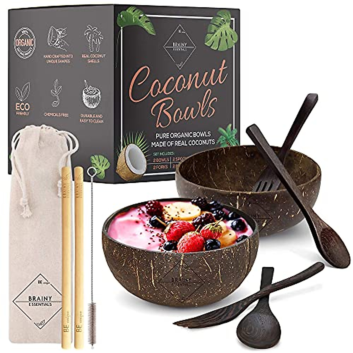 BRAINY ESSENTIALS Coconut Bowls Premium Gift Set: Includes - 2 Handmade Wooden Spoons + 2 Forks + 2 Bamboo straws for Smoothies, Buddha Bowls - Fruits - Salads, Cereal, Acai, Ice-cream