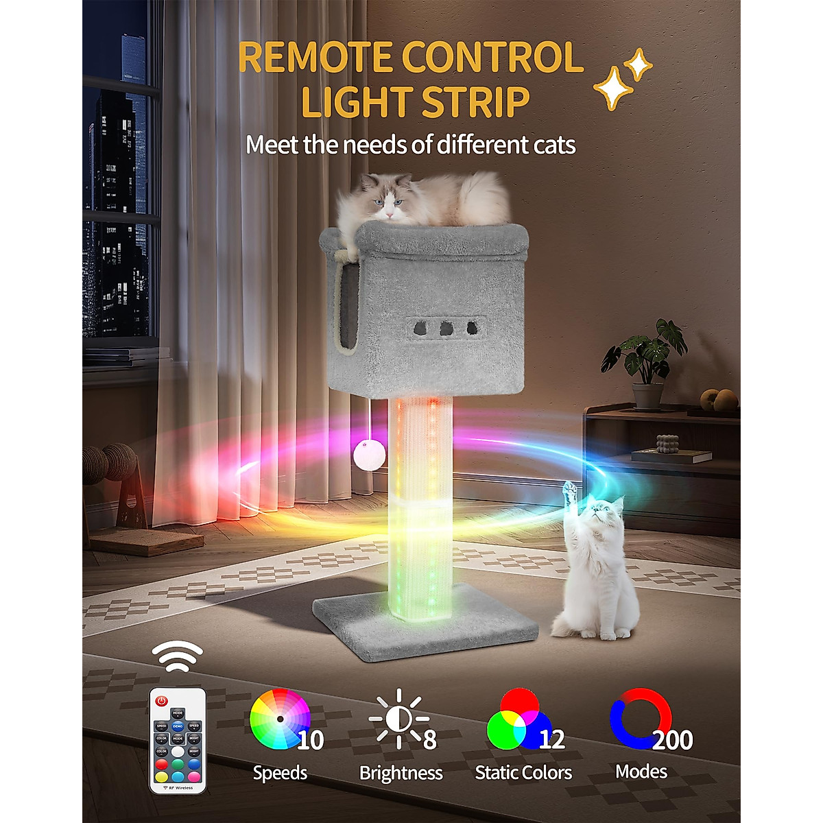 Hzuaneri 39-Inch Cat Scratching Post Tower with Bed, Cat Tower with LED Light Strip, Cat Scratcher Post with Woven Sisal, Condo, Pompom, Light Gray MS99018LG