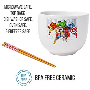 Silver Buffalo Marvel Retro Group Avengers Featuring Captain America, Hulk, Thor, and Iron Man Ceramic Ramen Bowl with Chopsticks, 20 Ounces