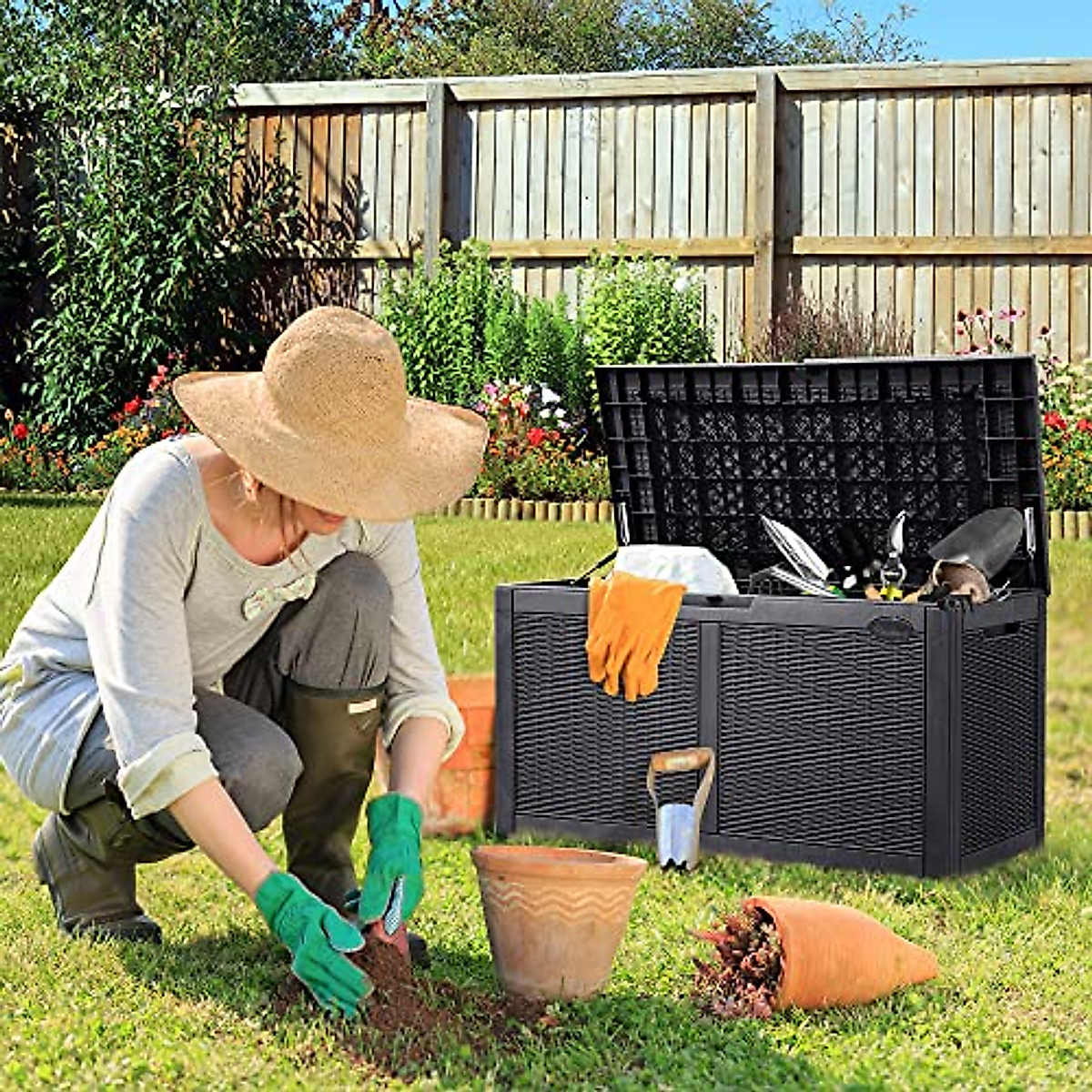 YITAHOME 100 Gallon Large Deck Box w/Storage Net, Resin Outdoor Storage Boxes, Waterproof Patio Cushion Storage Bench for Patio Furniture, Pool Supplies, Garden Tools- Rattan,Lockable (Black)