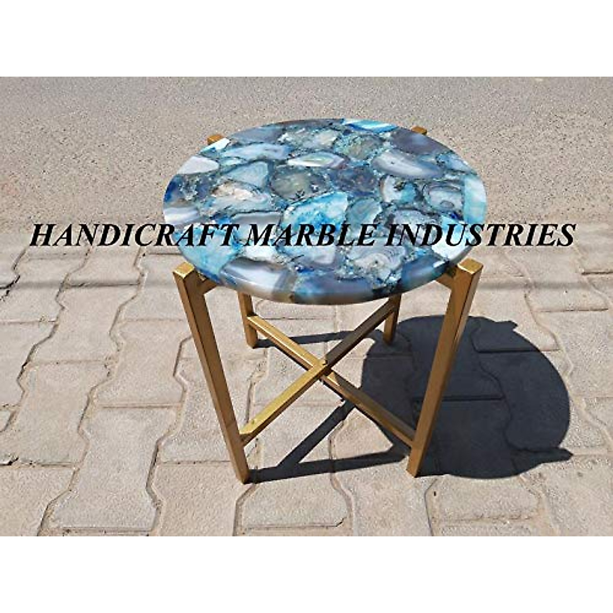 Blue Agate Round Table Top 12" x 12" Inch With Metal Stand, Blue Agate Side Table And Stand, Customized Blue Agate Table, Agate Stone Round Table, Family Heir Loom, Piece Of Conversation