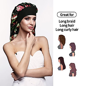 4 Pieces Satin Sleep Cap for Long Hair and Dreadlock, Extra Large 2 PCS Solid Color and 2 PCS Floral Pattern Sleeping Bonnet for Women
