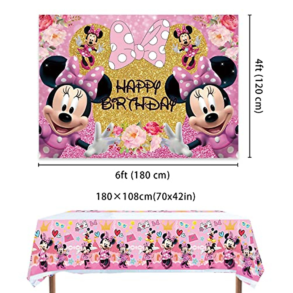 Pink Mouse Backdrop and Tablecloth for Gilrs Birthday Party Mouse Glitter Hapyy Birthday Backdrop 6x4ft Mouse Tablecloth Baby Shower Cake Table Decoration