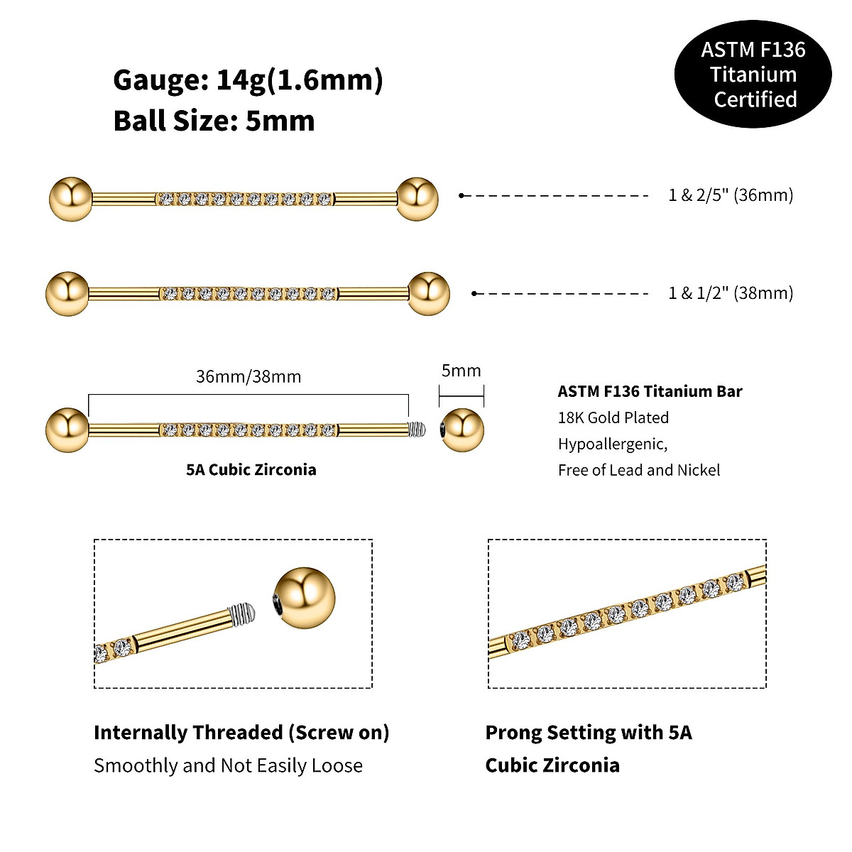 FINE4U Gold Industrial Piercing Jewelry 14G 36mm 1pc - ASTM F136 Titanium Industrial Barbell, Industrial Earrings, Cartilage Body Piercing Jewelry with CZ (1 & 2/5 Inch)