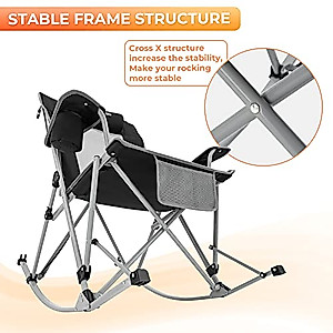 FUNDANGO Big Curved Rocking Camping Chair,Folding Outdoor Patio Mesh Chair,Portable High Back Camp Rocker for Adults with 2 Cup Holder Headrest Armrest for Picnic Lawn Backyard Garden Travel