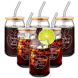 Inbagi 6 Pcs Teacher Glass Cups Thank You Teacher Appreciation Gifts for Women Men Clear Glass Coffee Cups with Lids Straw 2024 Graduation Glass Tumblers Drinking Glasses Bulk Juice Cups, 16 oz