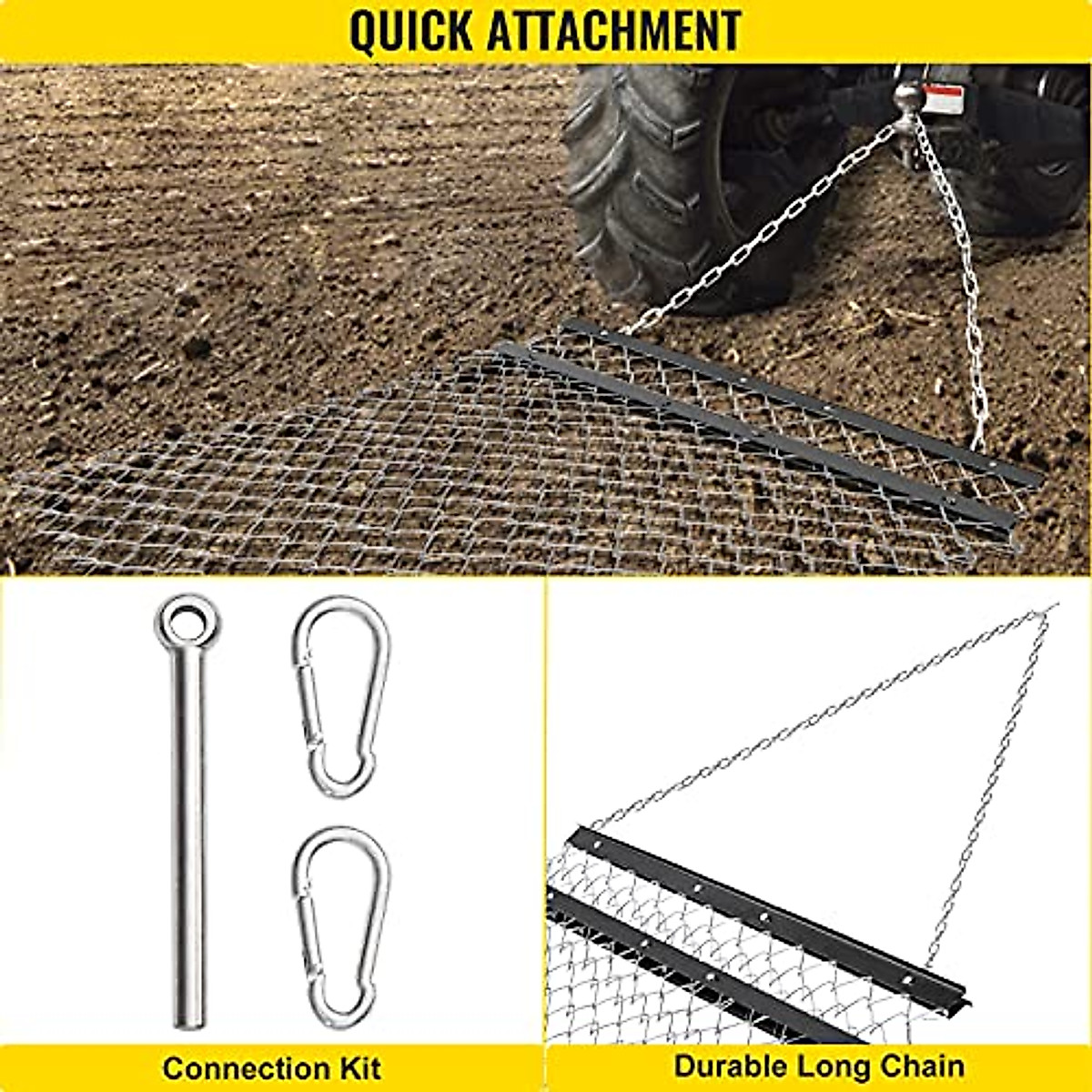 VEVOR, 4' x 5' ATV Chain, UTV Tractor Attachments Drag Mat for Landscape Leveling or Sod Prepping, Durable Harrow Rake Grader for Gravel Driveway, Farm, Garden, Field, Black