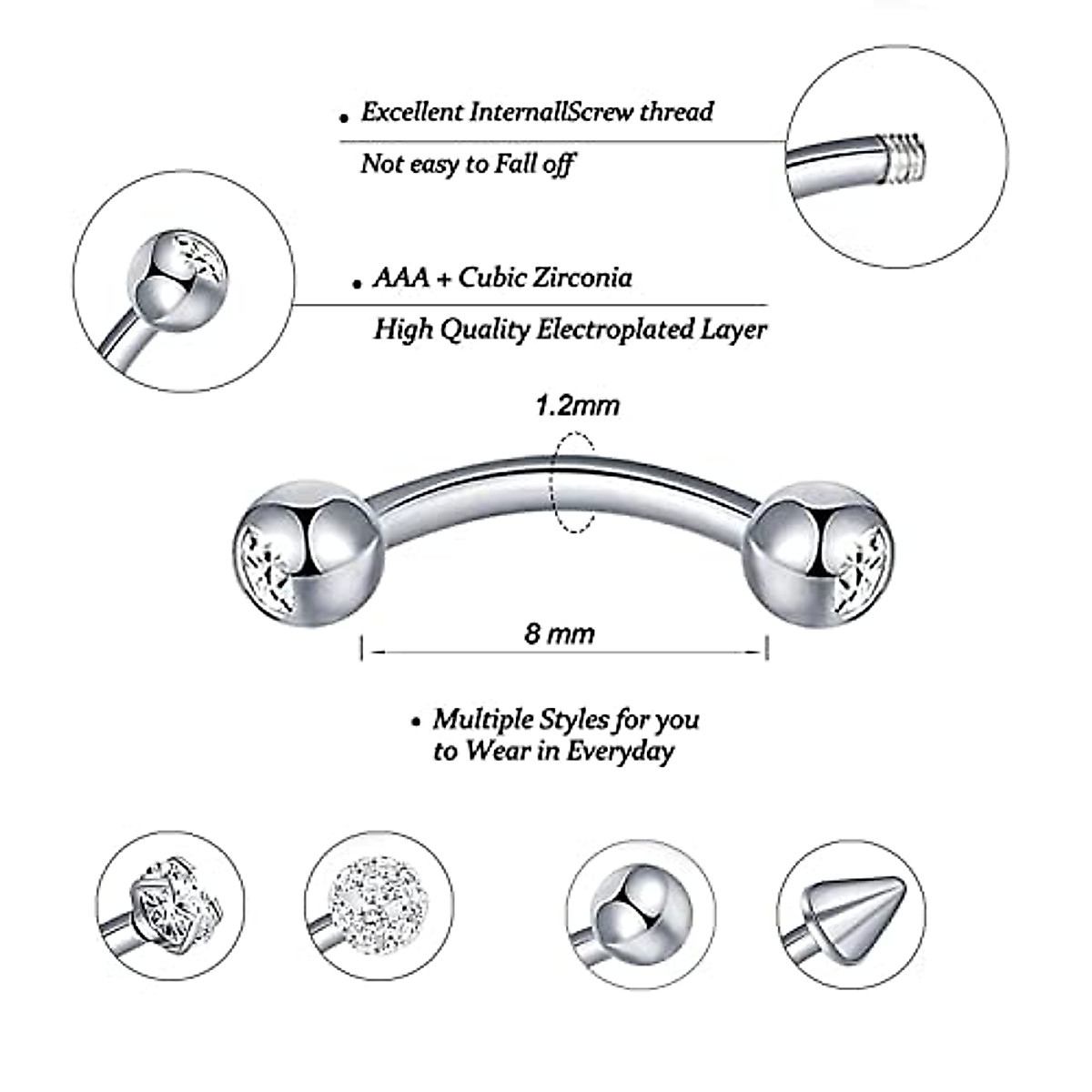 EVISPOL 10Pcs Eyebrow Piercing Jewelry Eyebrow Rings 16G Curved Barbell Cartilage Earring Lip Belly Rings Daith Rook Earrings Helix Conch Piercing Tragus Earrings for Women Men-Silver-8mm