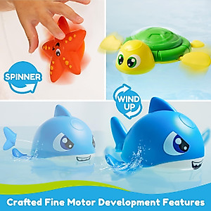 JOYIN Baby Bath Toy Set - Magnetic Fishing Toy with Fishing Rod, Soft Puffer & Clown Fish, Spinning Octopus and Starfish, Wind-up Shark and Turtle - Sensory Development for Infants & Toddler
